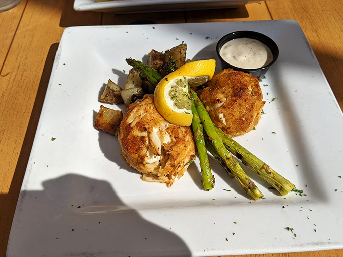 Crab cakes that actually taste like crab, not breadcrumbs&mdash;paired with roasted potatoes and asparagus for a plate that honors Pennsylvania's proximity to Maryland's seafood bounty.