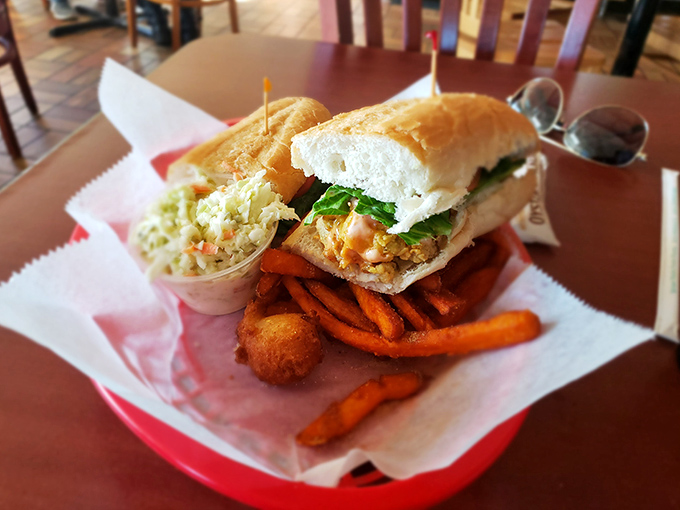 This isn't just a sandwich&mdash;it's architecture. Layers of crab cake, fresh vegetables, and sauce create a towering monument to Eastern Shore ingenuity.