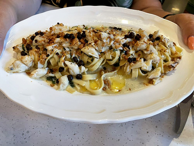 Crab pasta that makes you question why you've wasted time eating anything else. Those black capers provide little flavor bombs in an already explosive dish.