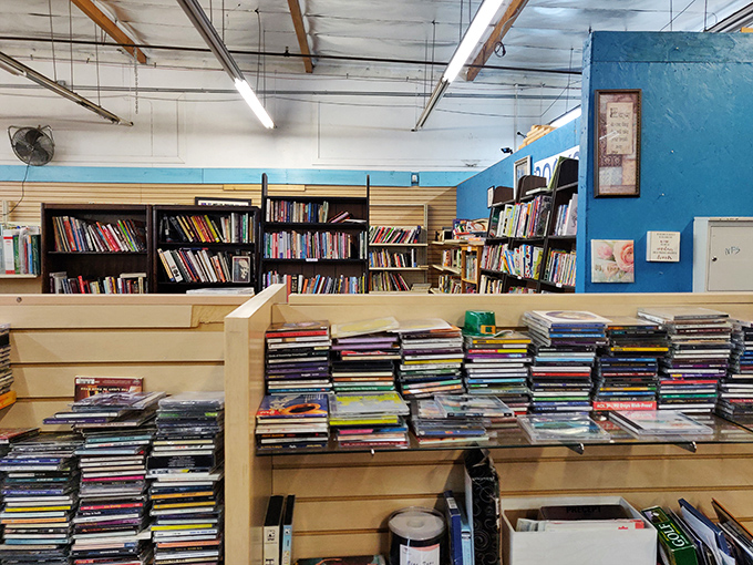 Literary treasures and musical memories stack up in the media section, where yesterday's bestsellers and platinum albums await their encore performance.