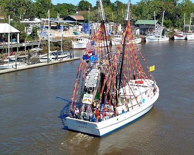 Decorated for the Blessing of the Fleet festival, this shrimp boat showcases Darien's maritime soul &ndash; where working vessels become floating works of art once a year.