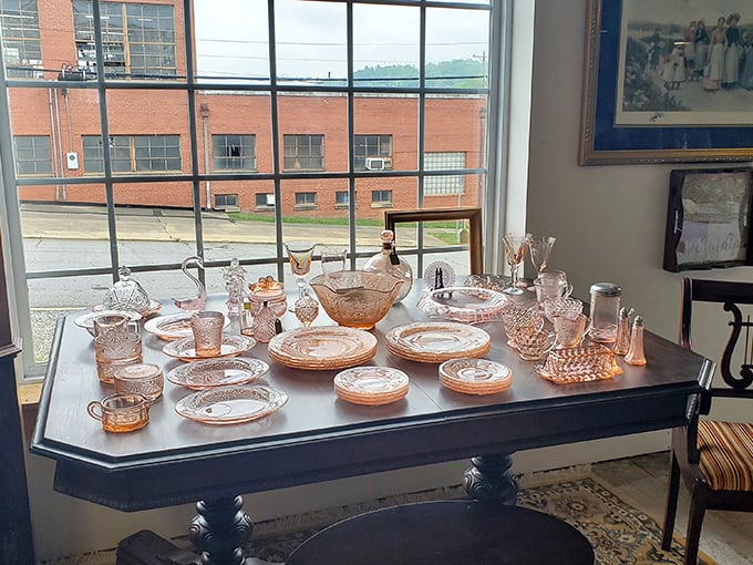 Sunlight dances through depression glass treasures, creating a symphony of pink hues that would make even the most minimalist decorator reconsider their life choices.