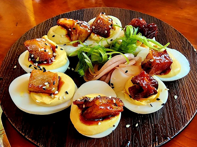 These aren't your grandmother's deviled eggs (unless she was secretly a culinary genius). The Thai pork belly topping creates flavor fireworks.