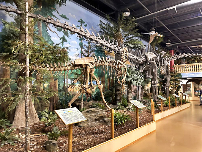 An impressive lineup of prehistoric skeletons marches through time. It's like nature's version of the evolution chart, only with more impressive dental work.