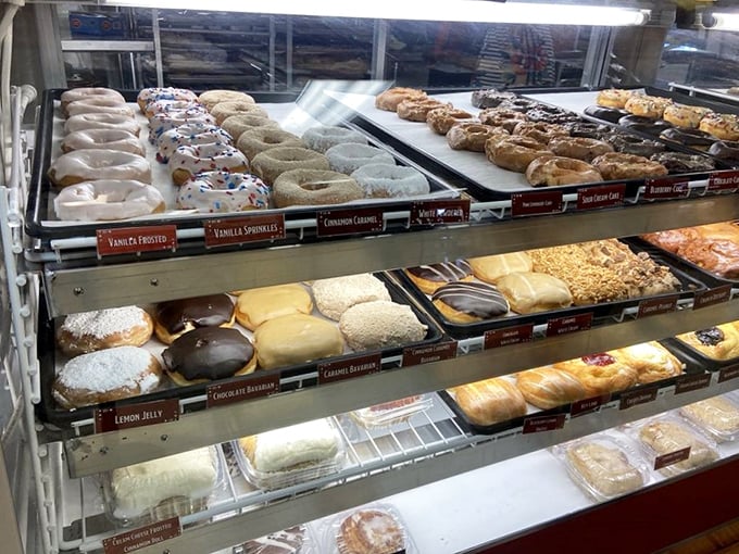 The donut display case&mdash;where willpower goes to die and breakfast dreams come true, one glazed masterpiece at a time.