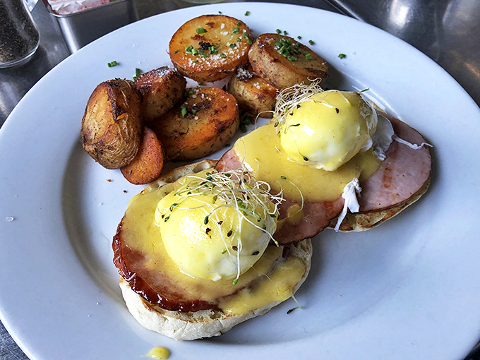 Eggs Benedict perfection&mdash;those golden orbs of hollandaise-draped poached eggs perched atop Canadian bacon would make any breakfast enthusiast weak at the knees.