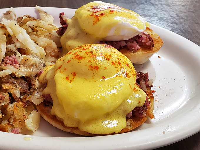 Eggs Benedict that puts hotel brunch buffets to shame. That hollandaise sauce is performing miracles that would impress even the most devout skeptics.