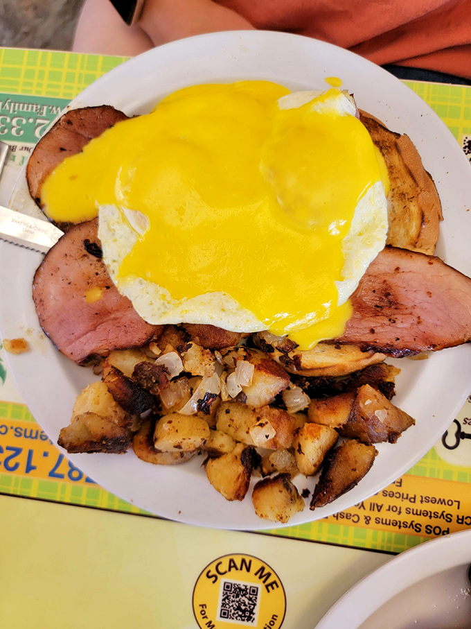 Ham and eggs with home fries &ndash; the breakfast equivalent of a warm hug from your favorite aunt who always sneaks you extra dessert.