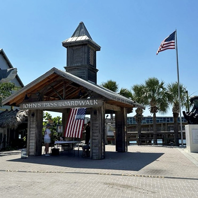 The gateway to adventure stands tall and proud. This entrance has welcomed generations of sun-seekers to John's Pass Boardwalk.
