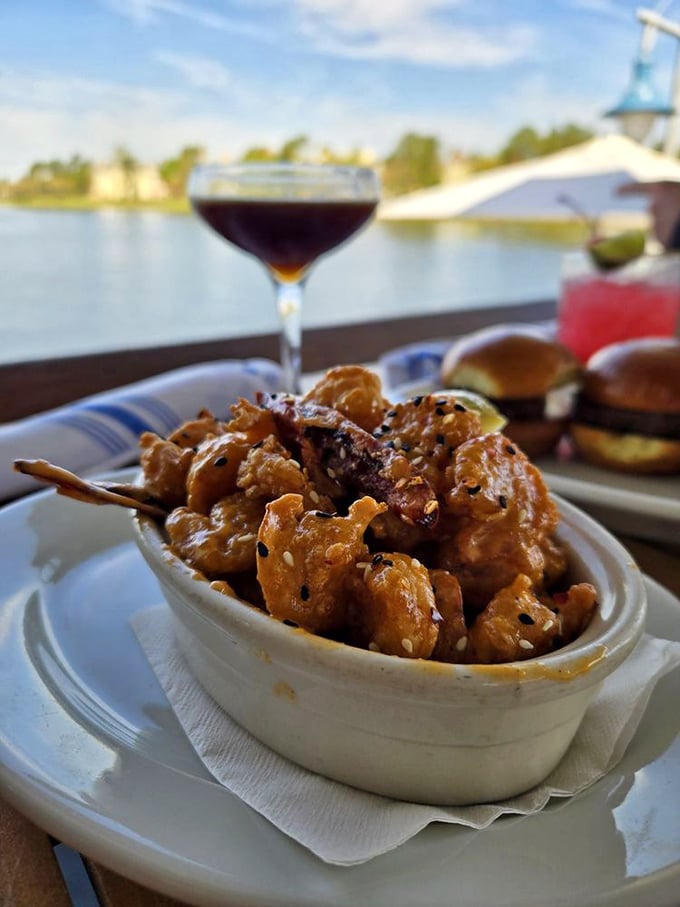 Firecracker shrimp living up to their name – crispy, glazed morsels that explode with sweet-spicy flavor in every bite.