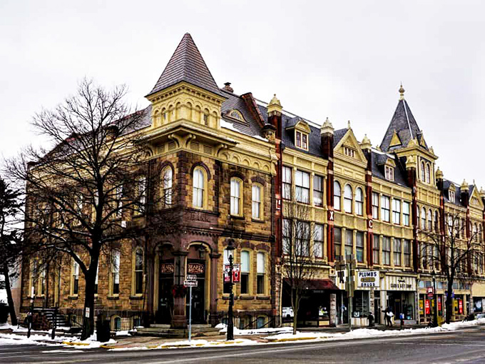 Victorian architecture stands proud like well-dressed gentlemen who never went out of style, turrets and all.