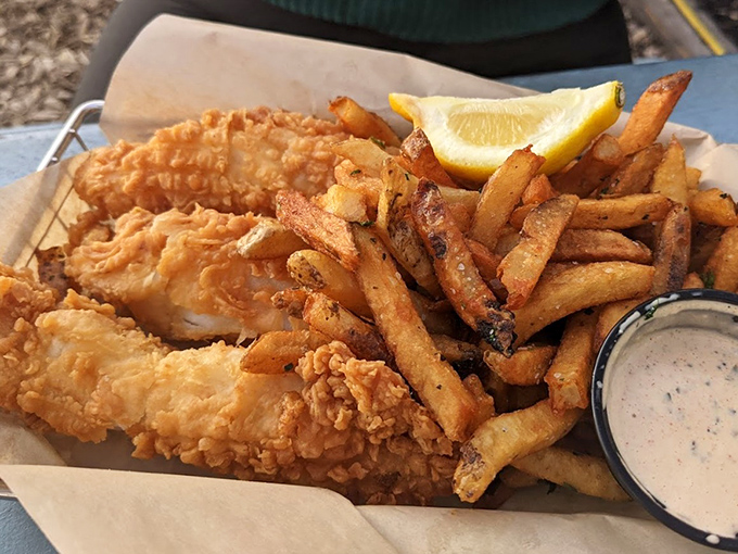 Fish and chips that would make a British pub jealous &ndash; crispy exterior giving way to flaky white fish with hand-cut fries standing at attention.