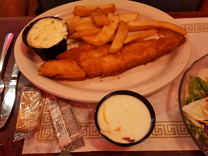 A proper fish sandwich that would make coastal towns jealous, paired with fries that clearly graduated from potato university with honors.