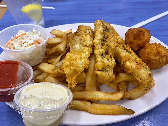 Fish and chips done right &ndash; crispy exterior giving way to flaky white fish that would make even British pubs jealous.