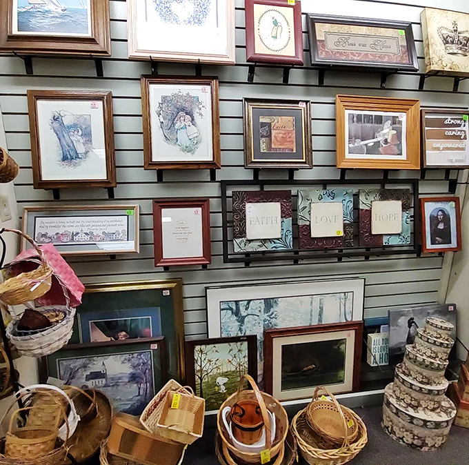 Framed artwork and woven baskets line the walls like a curated gallery of forgotten memories.