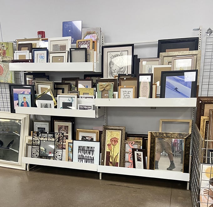 Frame heaven! Like an art gallery where everything's for sale at garage sale prices. That perfect frame for Grandma's recipe or your kid's masterpiece is hiding here.