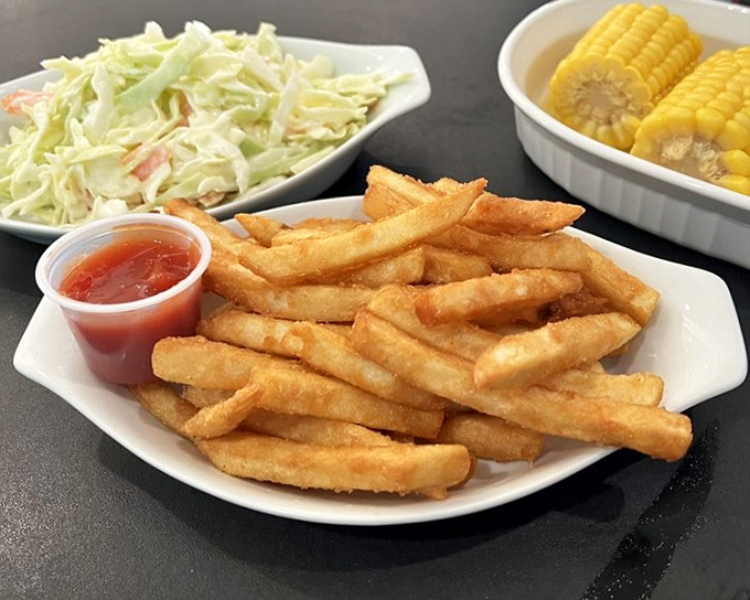 Golden fries that achieve that mythical balance&mdash;crispy exterior, fluffy interior&mdash;the perfect supporting actor in the seafood blockbuster playing out on your table.