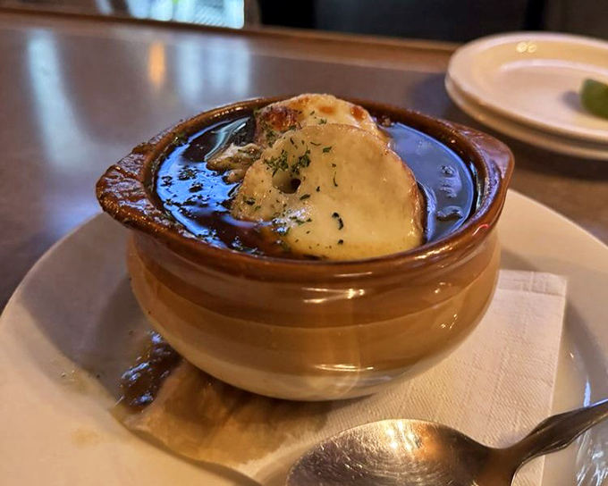 French onion soup: where cheese meets broth in a relationship so perfect it should have its own reality show.