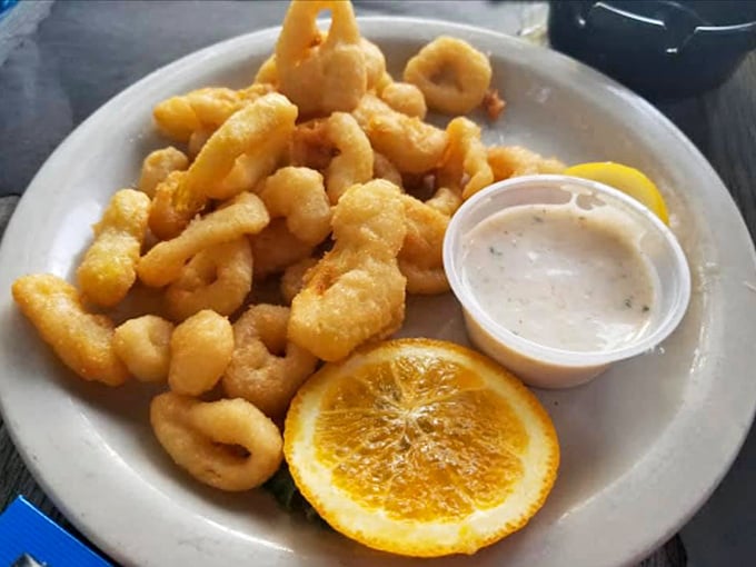 Golden-fried calamari that crunches just right, paired with tangy dipping sauce. The seafood portion of "Steaks & Seafood" holds its own deliciously.