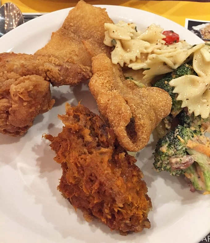 Crispy cornmeal-crusted catfish meets pasta salad in a plate partnership that would make any Florida fisherman proud. Comfort food diplomacy at its finest.