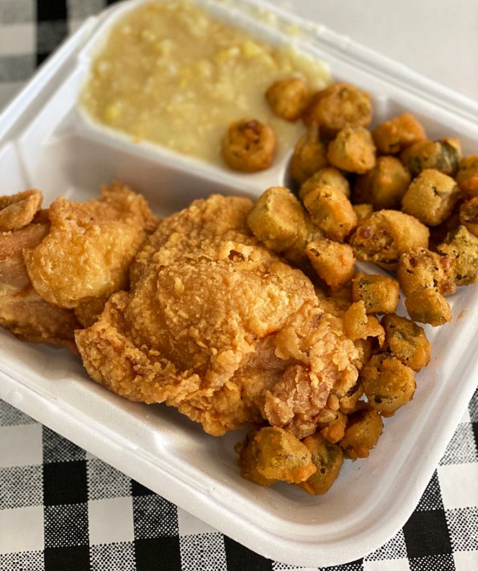 Golden-fried chicken that crackles with each bite, nestled beside okra that's been fried into submission. Diet plans, consider yourselves officially postponed.