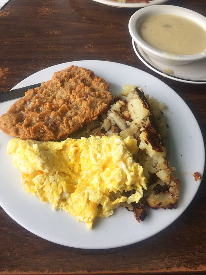 Country fried steak, eggs, and hash browns&mdash;the holy trinity of diner breakfasts. Notice how the eggs are perfectly scrambled&mdash;no small feat in a busy kitchen.