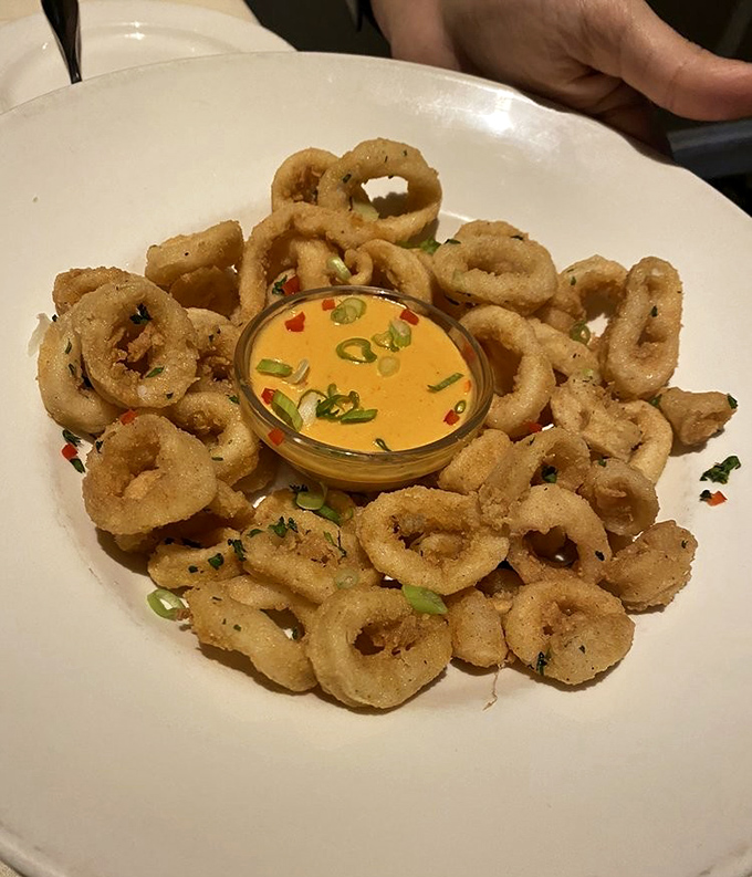 Perfectly golden calamari rings surrounding that vibrant dipping sauce&mdash;a crispy, tender reminder of why classics never go out of style.