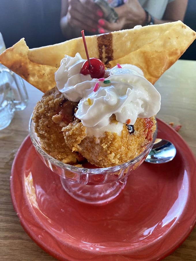 Fried ice cream with mini donuts proves that some desserts are worth breaking your diet resolutions for. 
