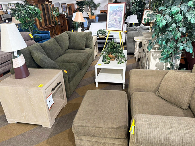 Living room sets with stories to tell. That olive sofa has probably hosted everything from first dates to family game nights.