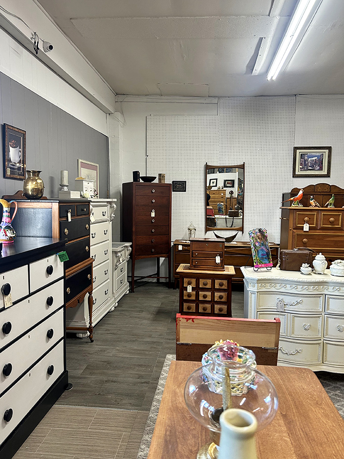 A dresser collector's dream corner where every drawer potentially holds someone else's memories, now available for your guest bedroom.