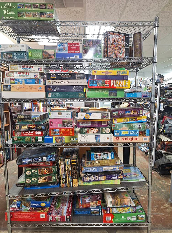 Puzzle paradise! For Florida's occasional rainy days, these boxes contain thousands of hours of entertainment at pennies per piece.