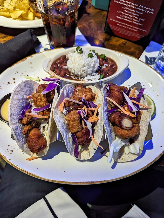 These tacos are having an identity crisis in the best possible way. Fried gator meets shrimp in a tortilla &ndash; it's the unexpected friendship story we need.