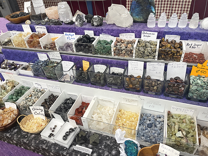 Crystal clear choices! This dazzling display of gemstones offers everything from healing amethysts to conversation-starting paperweights.