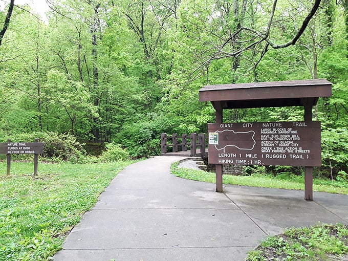 The Giant City Nature Trail entrance sign promises "rugged" hiking, which is Midwestern for "you might break a light sweat."