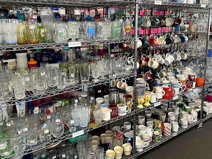 Glassware and mugs from every era imaginable. That "World's Best Grandpa" mug might not be yours, but the memories are free.