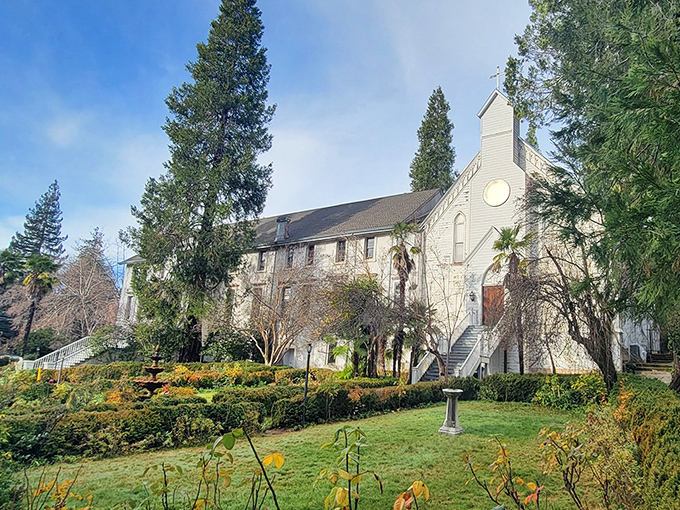 This stately white building houses Grass Valley's cultural heritage, standing proudly as if posing for a historical society Christmas card.