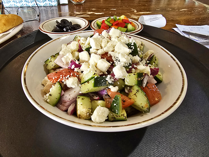 The Greek salad that launched a thousand road trips. Crisp vegetables, generous feta, and herbs that taste like they were picked minutes ago.