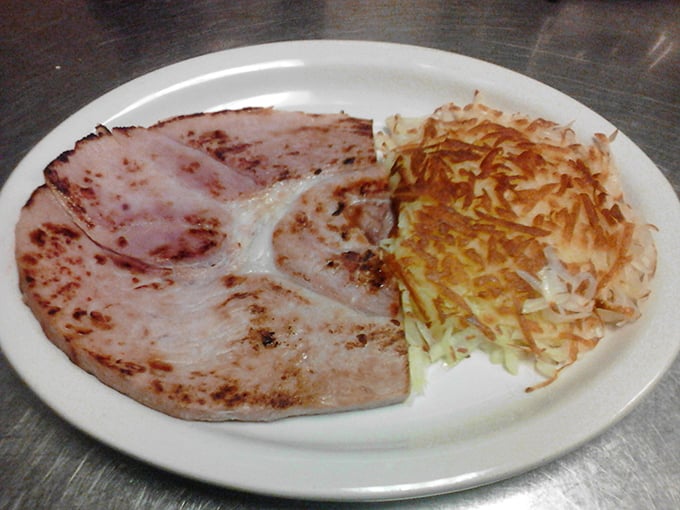 The star of the show: ham that's been carved from the bone, not extruded from a factory. Paired with hash browns that crackle with each forkful.