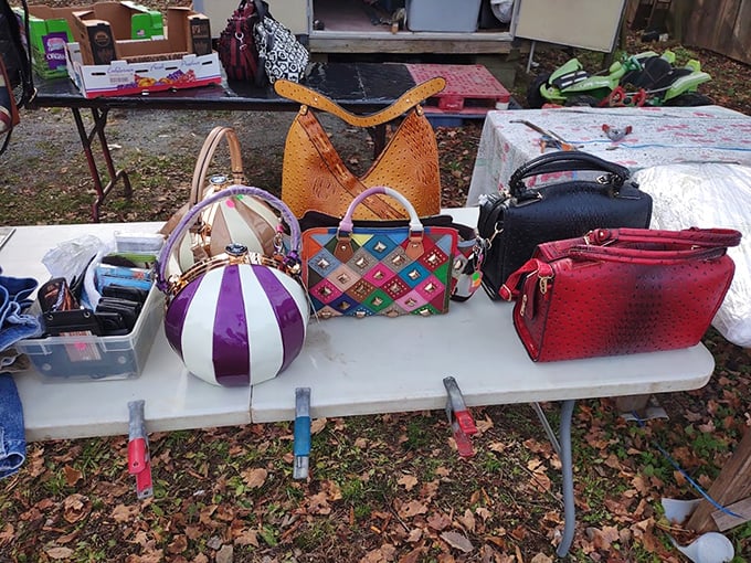 Handbags hanging like fashion time capsules, each one ready to carry someone's new adventures in style.