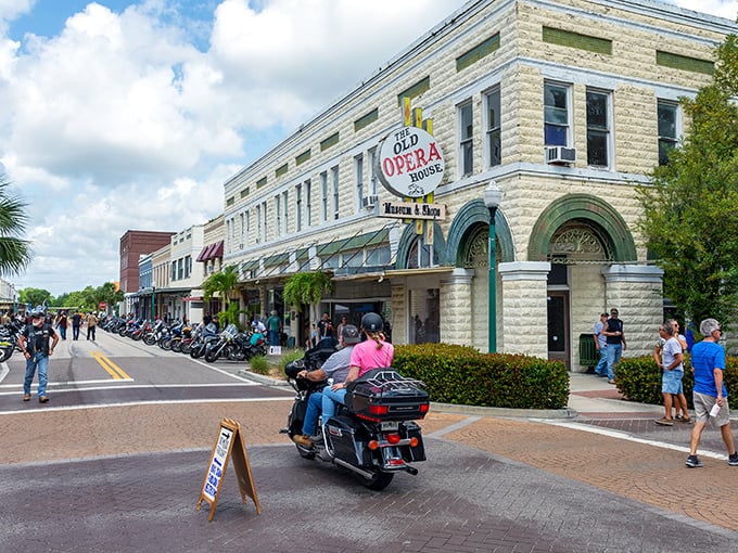 The limestone fa&ccedil;ade of the Old Opera House anchors Arcadia's historic district, now hosting visitors who come for antiques and stay for the atmosphere. 