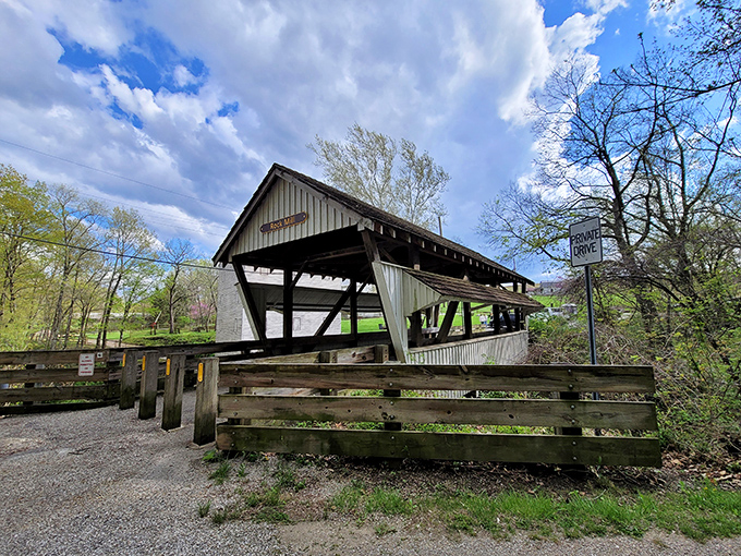 This isn't just a covered bridge – it's a portal to simpler times. The Historic Rock Mill Covered Bridge stands as a wooden testament to craftsmanship that predates planned obsolescence.
