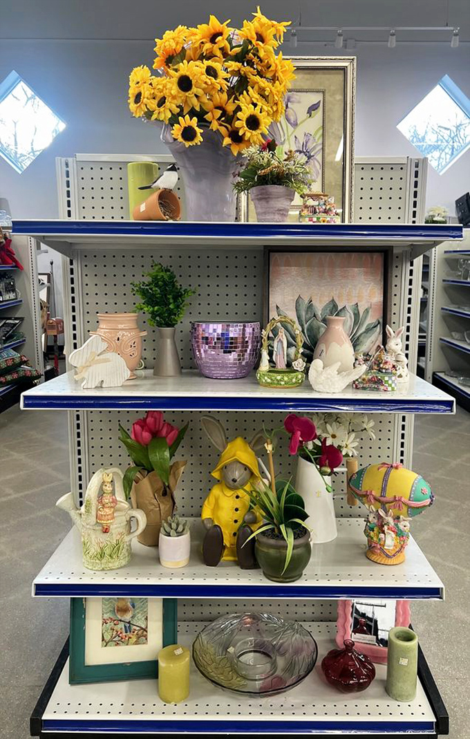 Home decor treasures line the shelves like a greatest hits album of American living room trends.