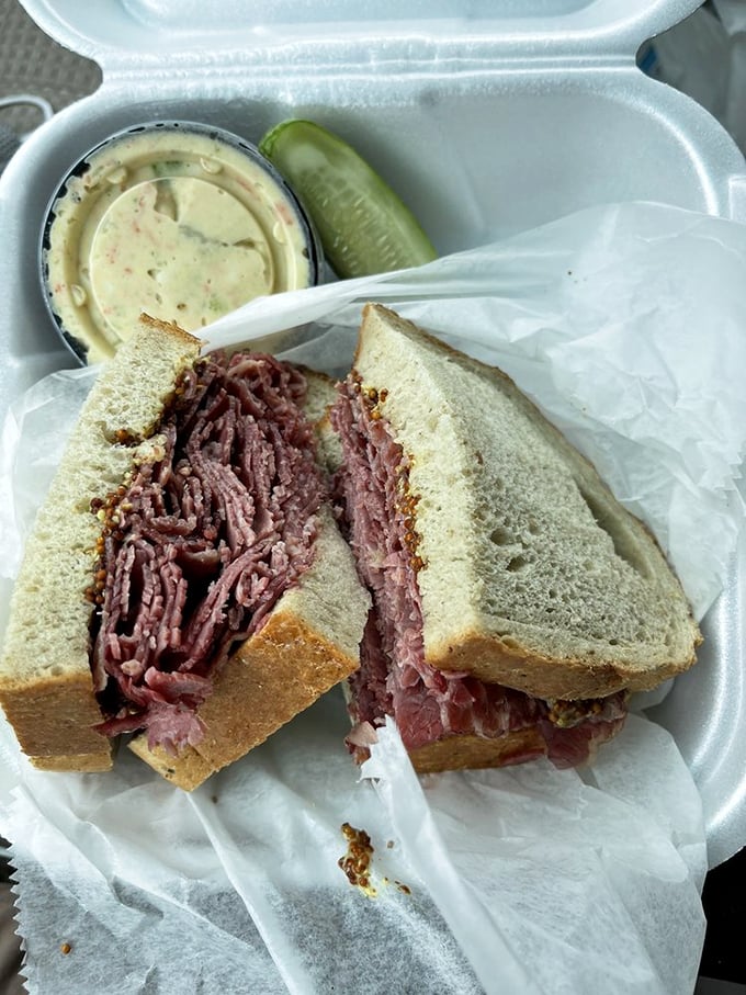 Pastrami perfection between two slices. The mountain of thinly-sliced meat makes this sandwich a testament to proper deli proportions &ndash; no skimping allowed here.