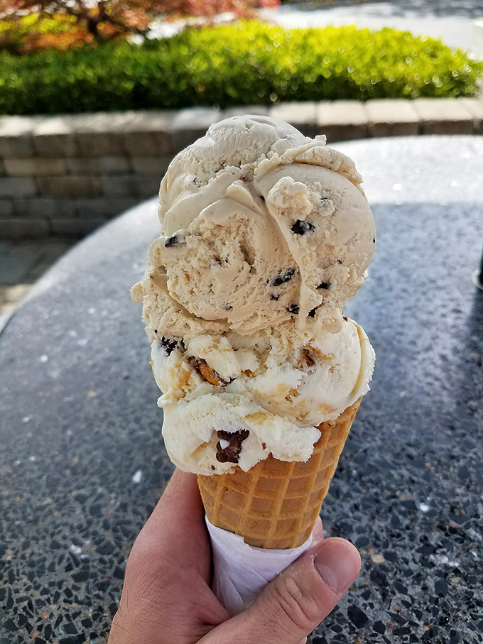 Two perfect scoops stacked like a snowman made by angels. The waffle cone isn't just a vessel&mdash;it's the edible finale to ice cream's perfect symphony.