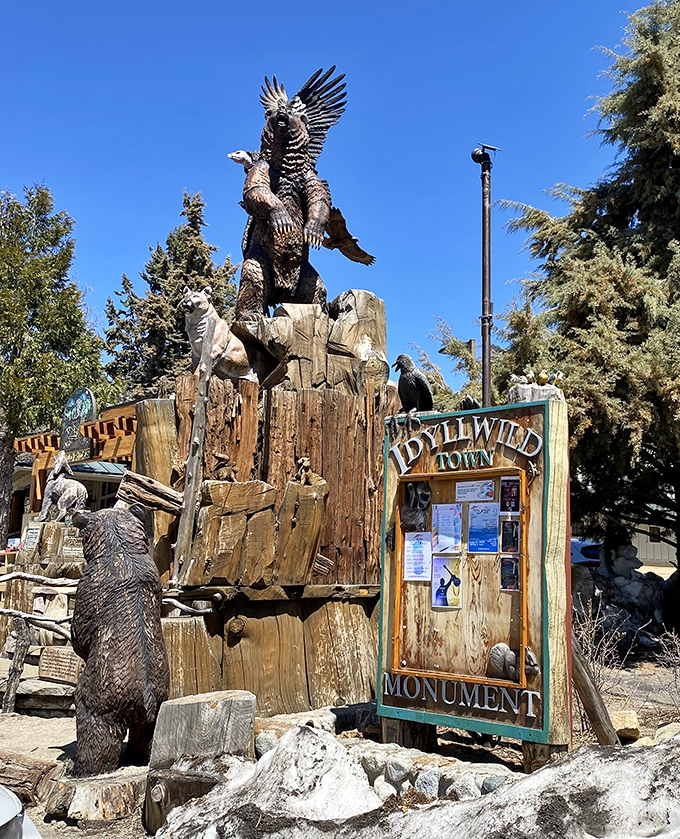 Idyllwild's town monument showcases wildlife carvings that make your garden gnome collection look woefully inadequate. Art that captures the spirit of the mountains.
