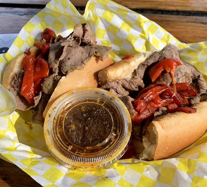 Italian beef sandwich with au jus for dipping&mdash;the kind that requires the "Chicago lean" to avoid wearing it home. Worth every napkin.