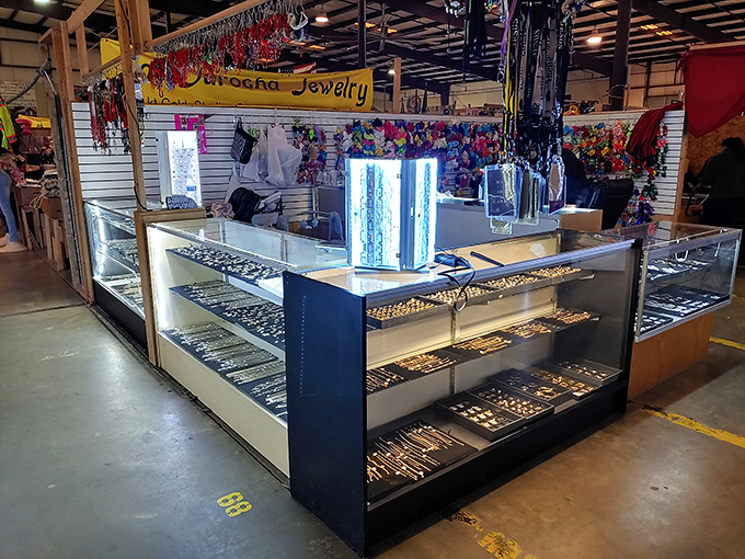 Jewelry cases gleam under display lights, showcasing everything from costume pieces to potential hidden gems. Magpies would feel right at home.