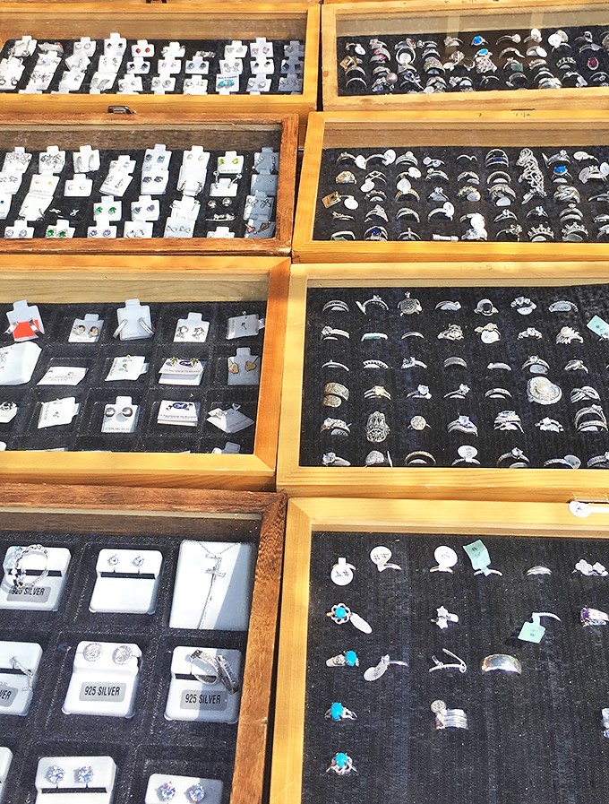 Jewelry displays that would make Elizabeth Taylor pause mid-stride. From sterling silver to turquoise, each case holds someone's future heirloom.