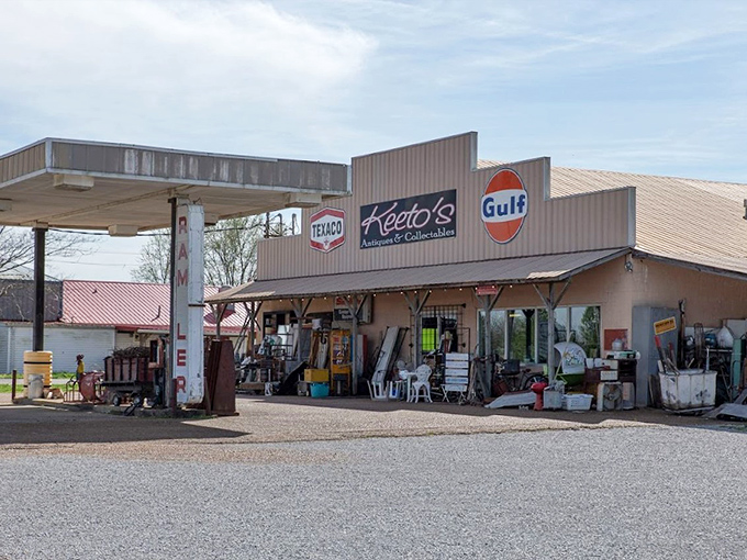 Keeto's Antiques and Collectibles is a treasure hunter's paradise where vintage gas pumps stand guard over memories of simpler times.