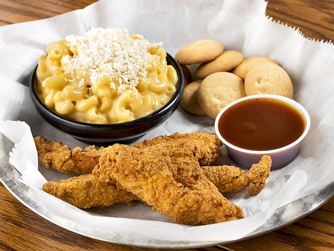 Comfort food done right&mdash;golden chicken tenders, creamy mac and cheese, and vanilla wafers that bring back childhood memories with grown-up execution.